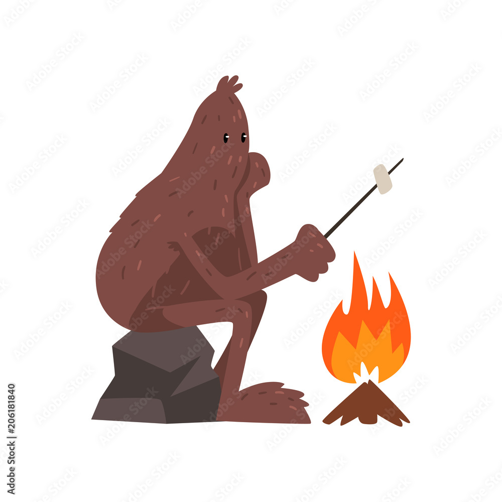 Bigfoot sitting on stone near campfire and roasting marshmallow ...