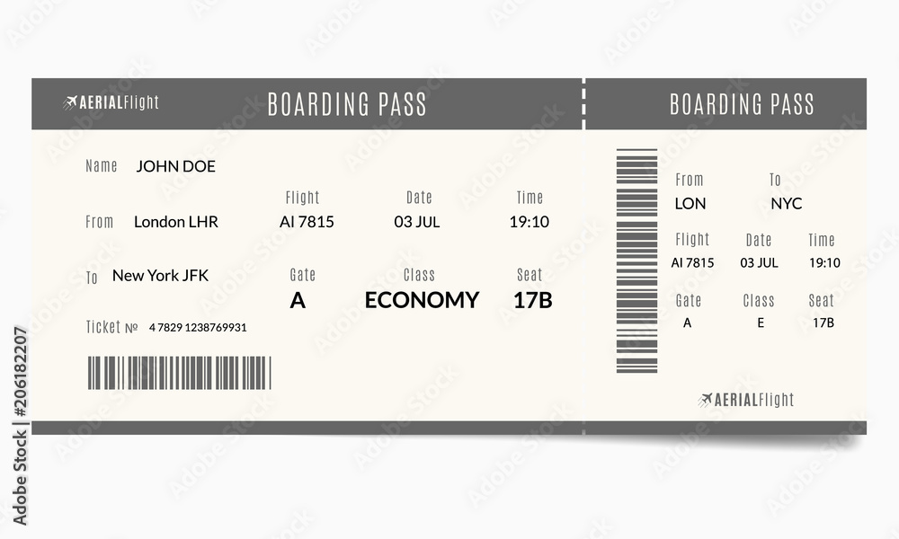 Airplane ticket template with passenger name and destination route ...