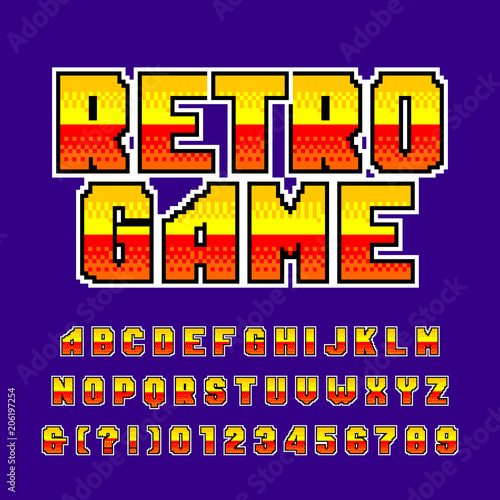 Old game alphabet font. Colorful pixel gradient letters and numbers ...