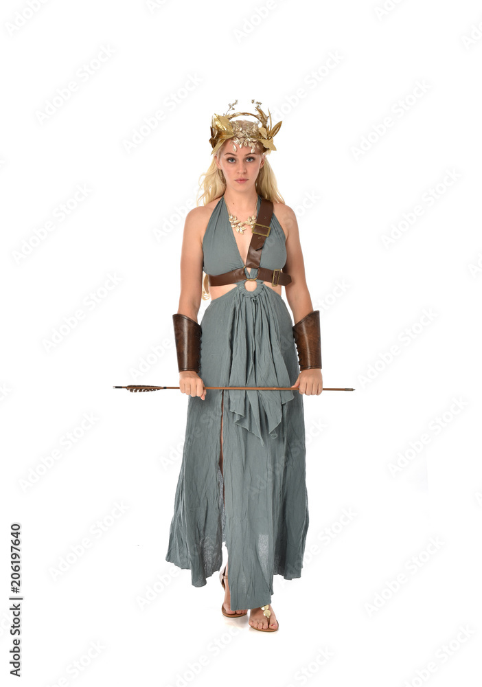 full length portrait of pretty blonde lady wearing fantasy toga gown ...