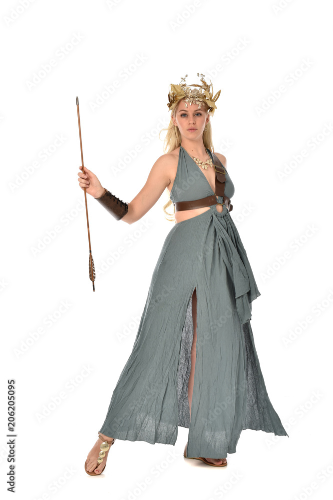 full length portrait of pretty blonde lady wearing fantasy toga gown ...