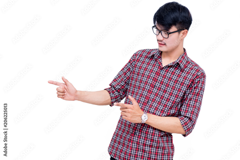 Young man wearing glasses with finger wag hand. isolated indoors white ...