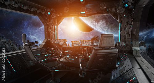 Obraz na Płótnie Biały czysty statku kosmicznego wnętrze z widokiem na planety ziemi 3D ...