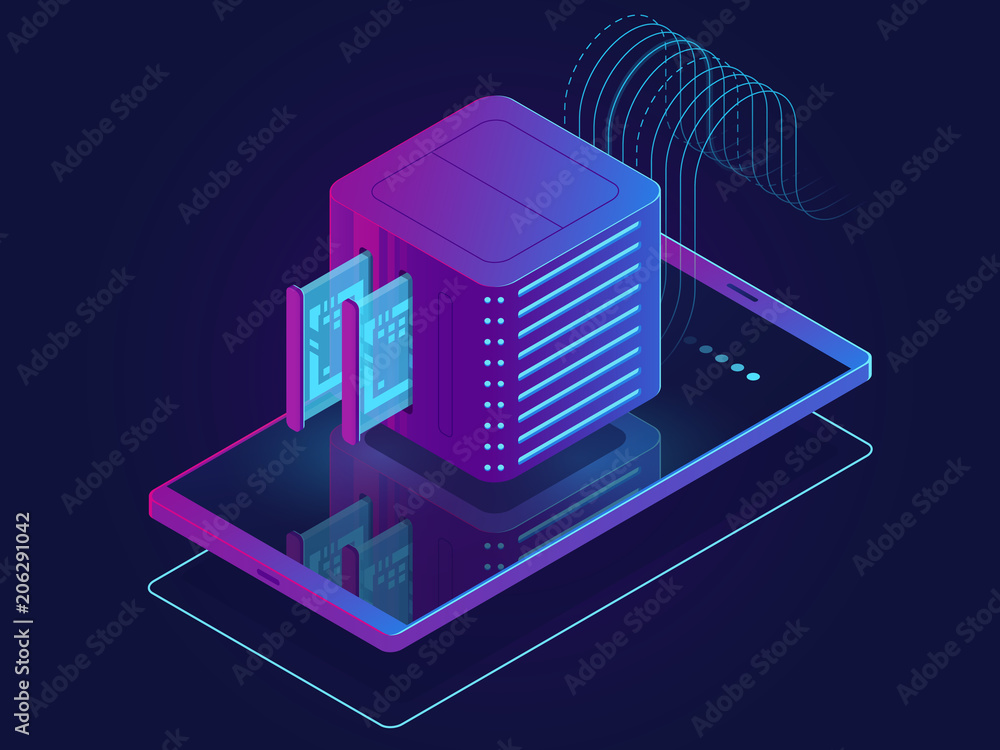 Set of server room icons, data center and database, futuristic data prcessing, cloud storage ...