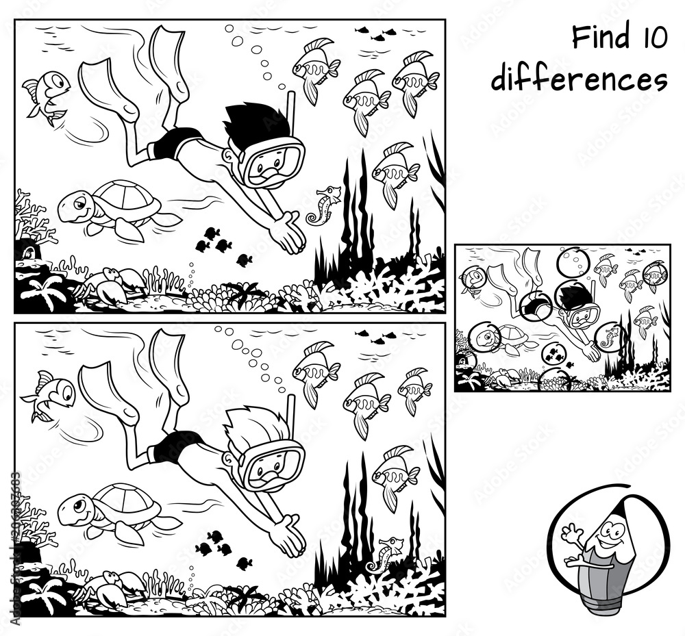 A boy with mask and flippers diving underwater in the ocean with marine ...