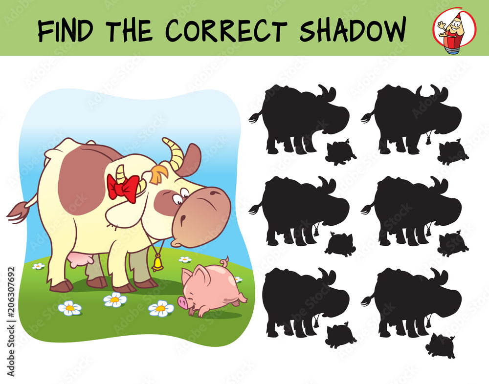 Cow and little pig on a meadow. Find the correct shadow. Educational ...