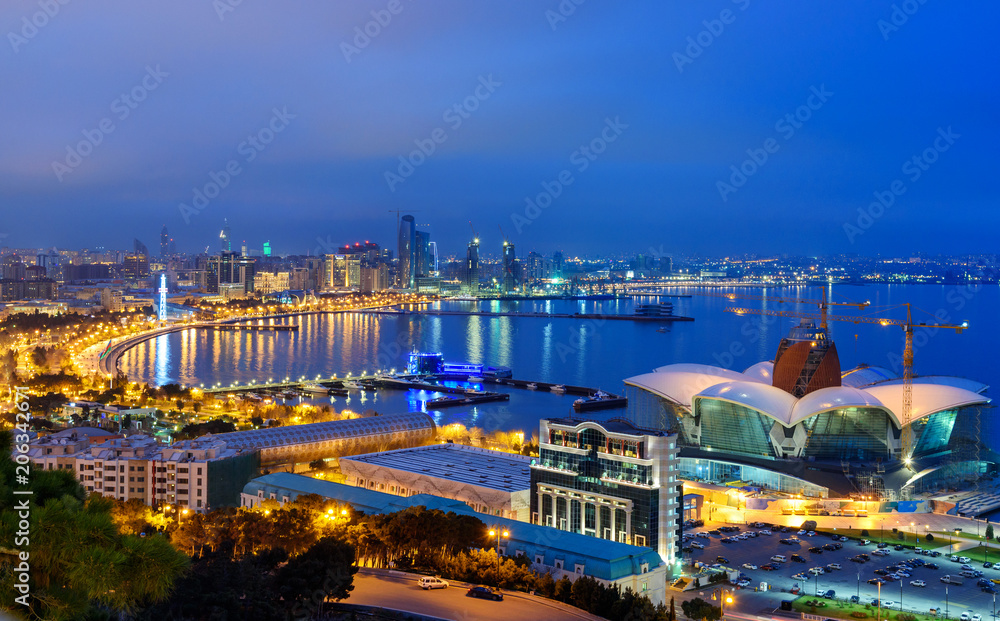 Night view of the city and Baku boulevard. Baku. Azerbaijan Stock Photo ...