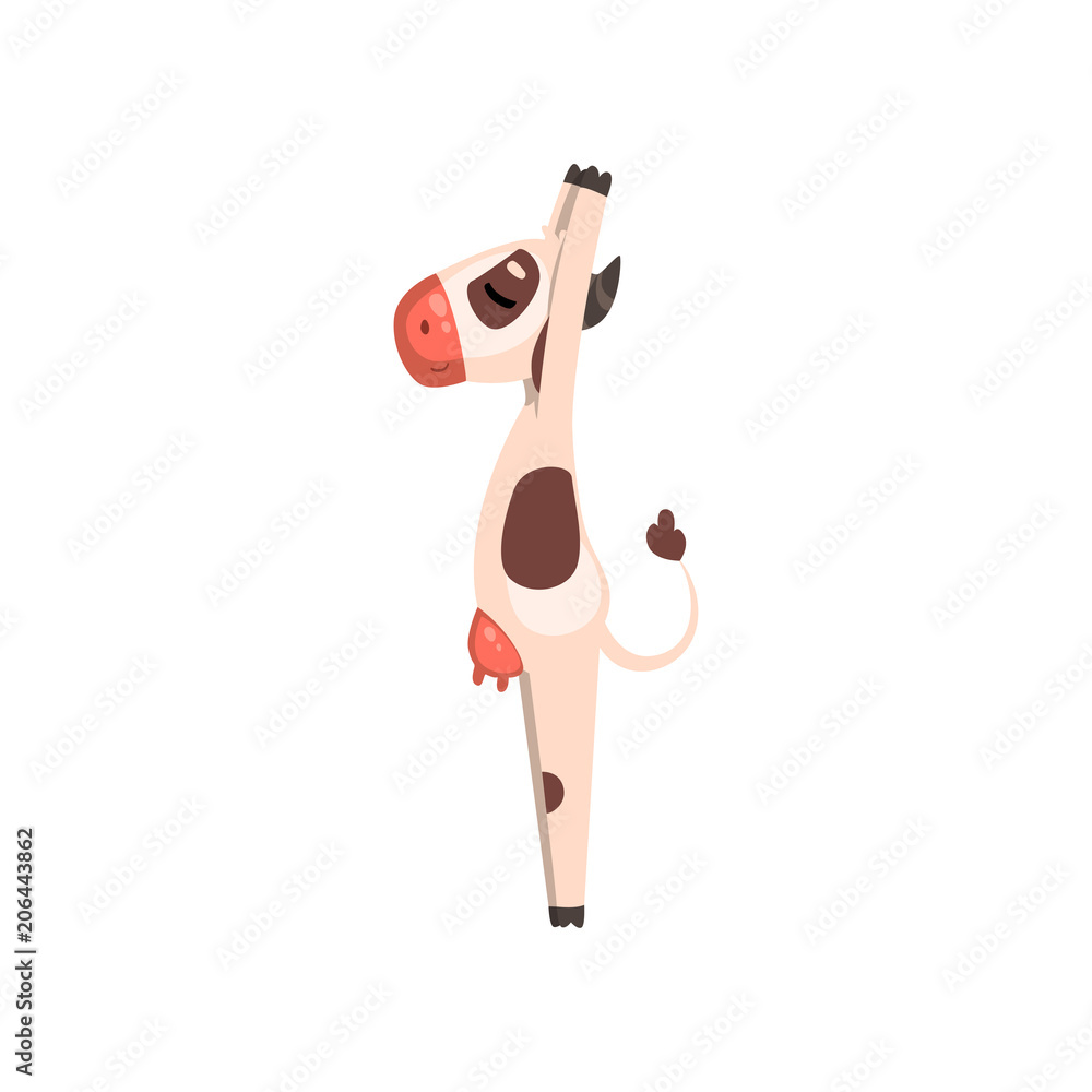 Funny cow cartoon character doing yoga exercise vector Illustration on ...