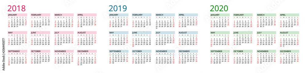 Simple Calendar template for 2018, 2019 and 2020. Week starts from ...