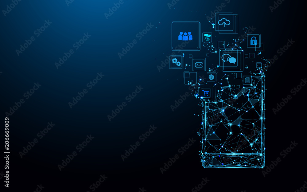 Smartphone with app icons. Abstract technology concept. Low polygonal ...