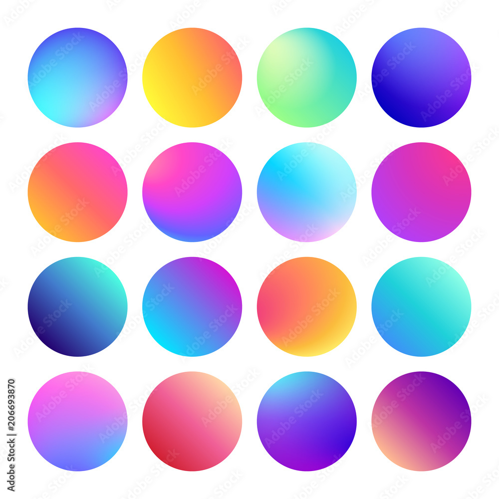 Rounded holographic gradient sphere button. Multicolor fluid circle gradients, colorful round ...