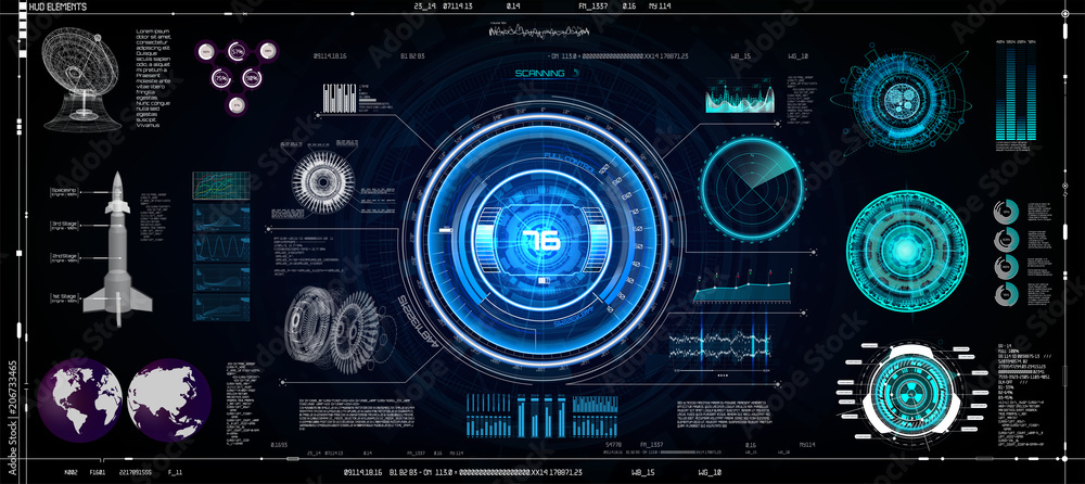 Hud Ui Elements Set. Colorful Technology Elements Sci-Fi for App ( Cockpit, Interface, Dashboard ...