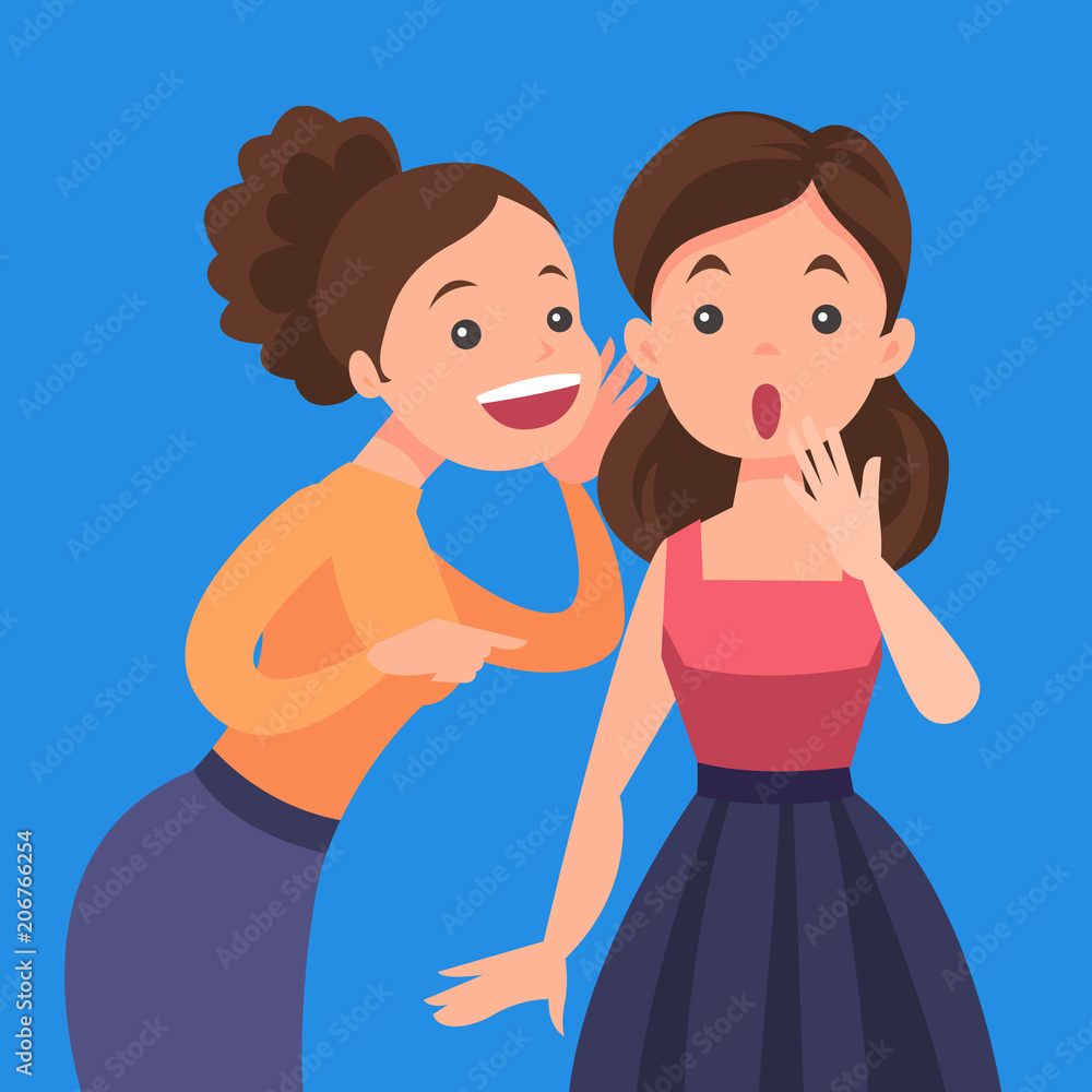 Young caucasian white woman shielding her mouth and whispering a gossip ...
