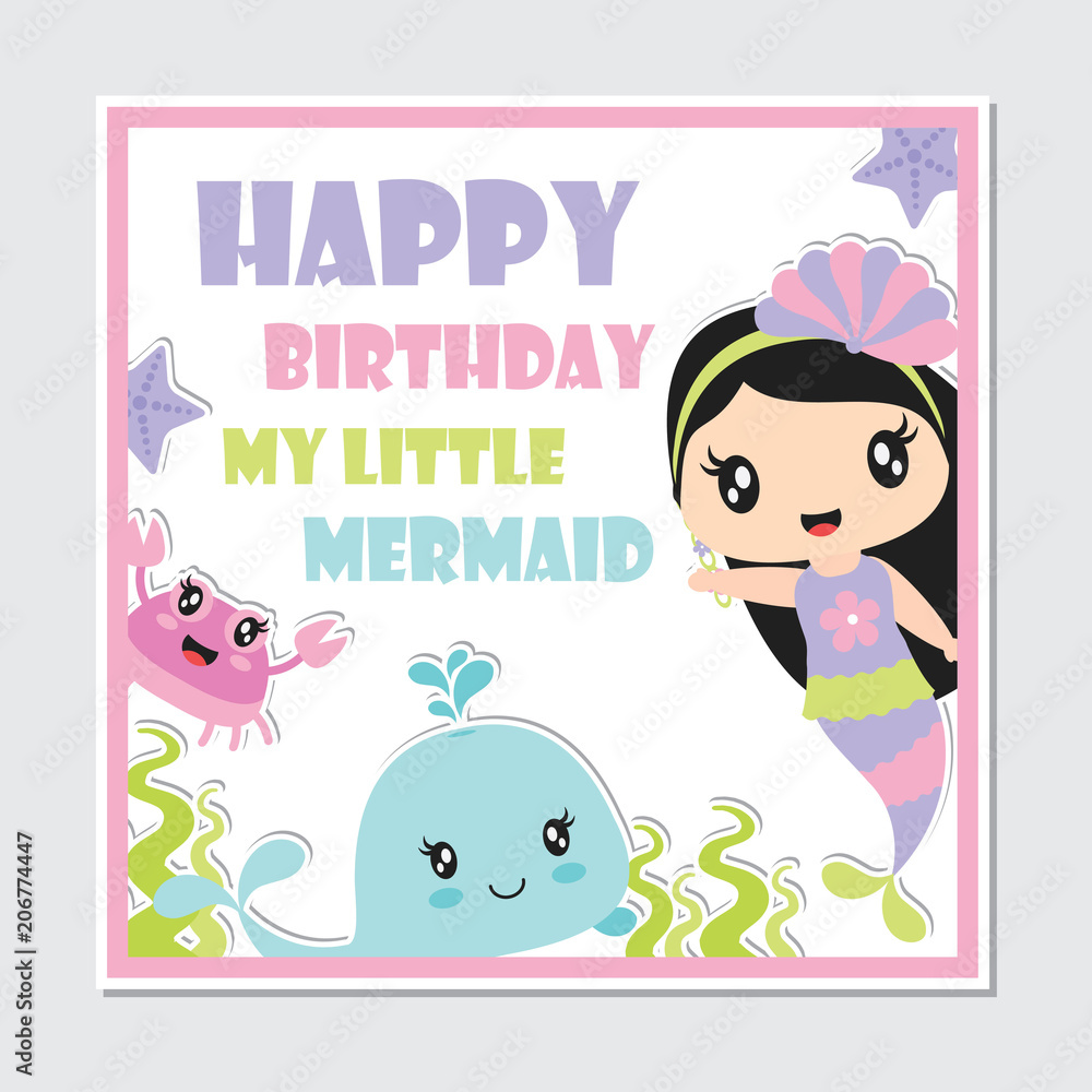 Cute mermaid girl and sea creatures frame vector cartoon illustration ...