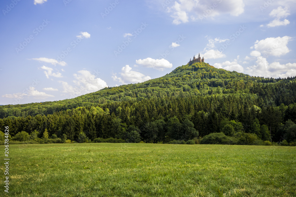 Extreme long shot view of Burg Hohenzollern, a castle in central Baden ...