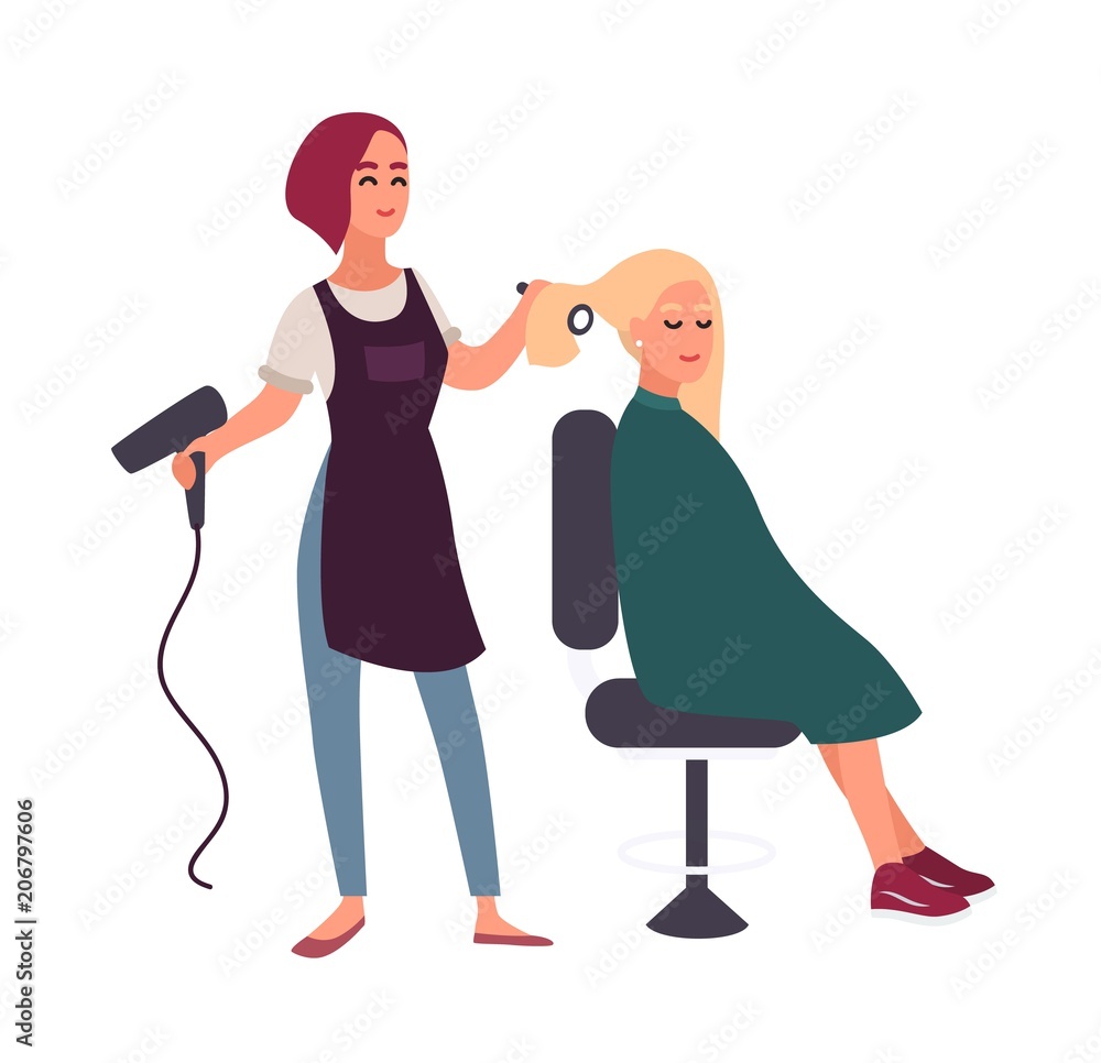 Female hairdresser blow-dry with hairdryer hair of her smiling client ...