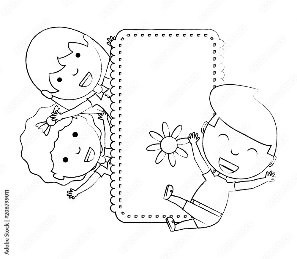 cartoon happy kids with decorative empty banner with a flower over ...