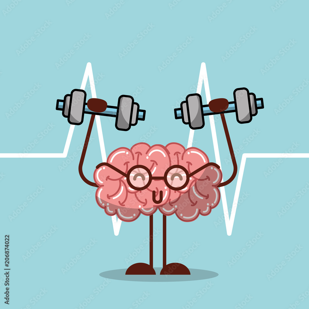 cartoon brain lifting dumbbell mental health medical vector ...