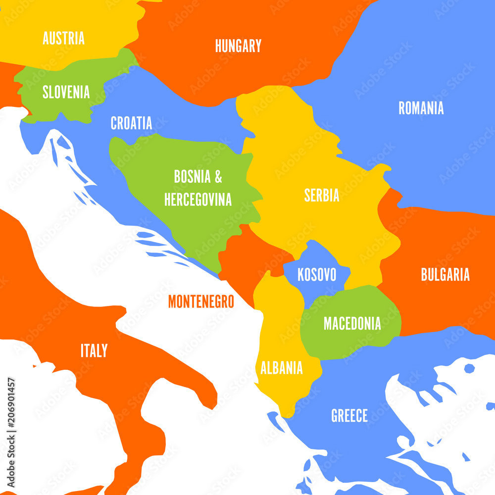 Political map of Balkans - States of Balkan Peninsula. Colorful vector ...