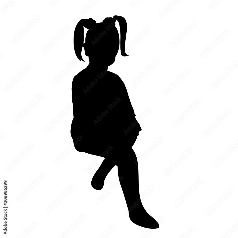 vector, isolated, on white background, silhouette little girl sitting ...