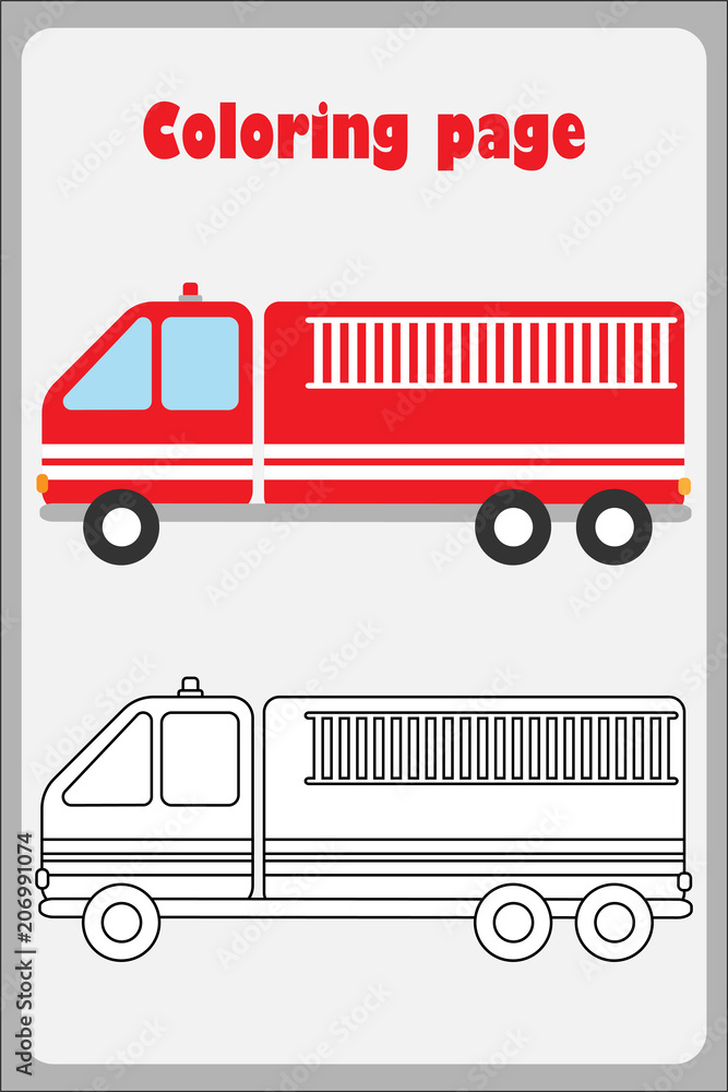 Fire truck in cartoon style, coloring page, education paper game for ...