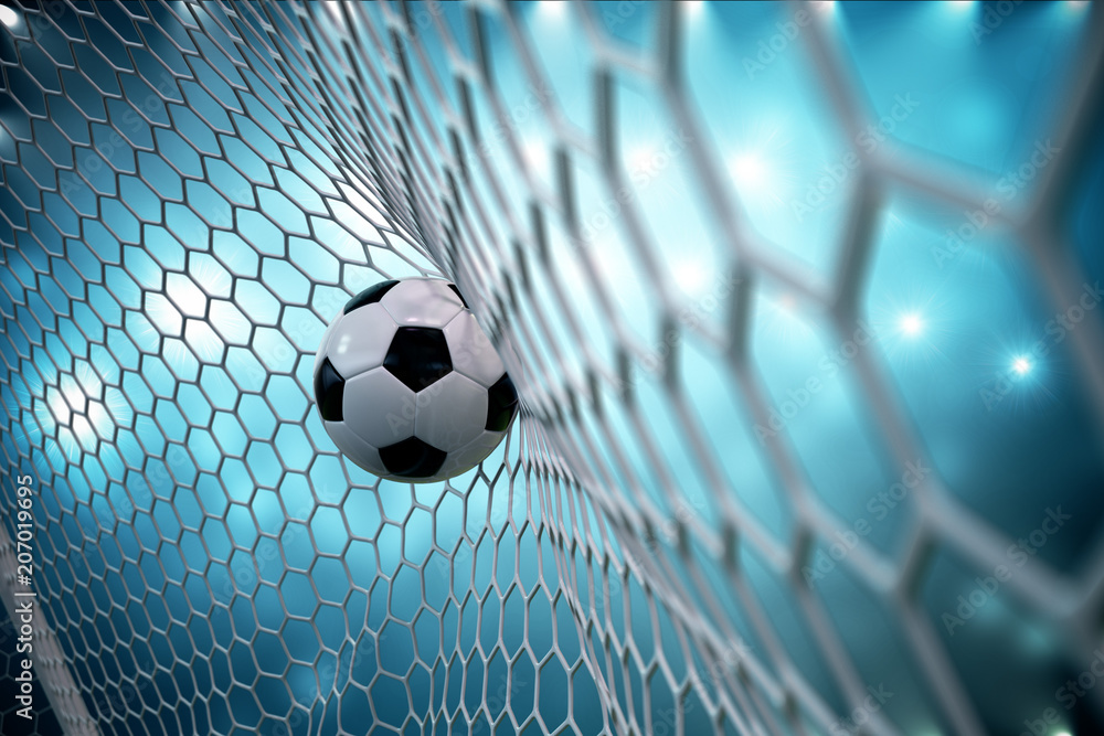3d rendering soccer ball in goal. Soccer ball in net with spotlight and ... 3d rendering soccer ball in goal. Soccer ball in net with spotlight and ...