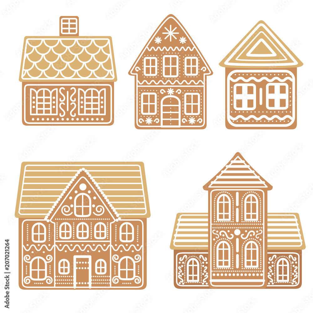 Cartoon Festive Gingerbread Houses Set. Vector Stock Vector | Adobe Stock