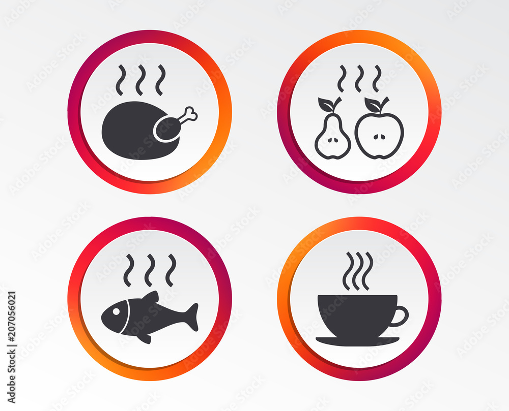 Hot food icons. Grill chicken and fish symbols. Hot coffee cup sign ...