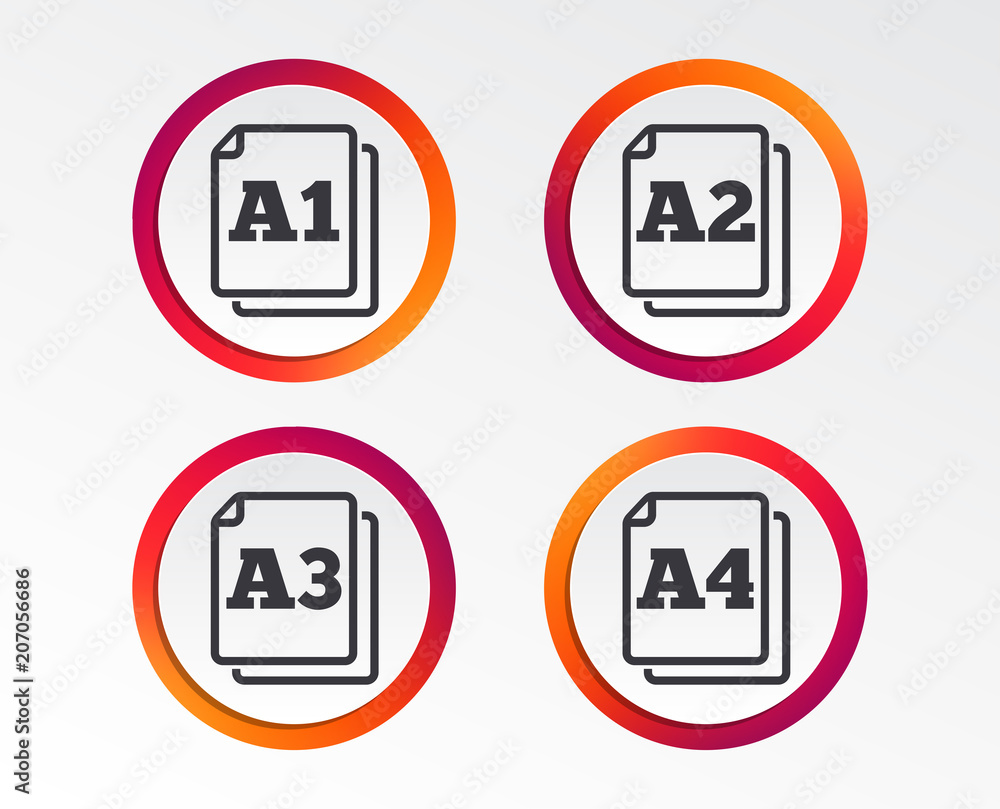 Paper size standard icons. Document symbols. A1, A2, A3 and A4 page signs. Infographic design ...