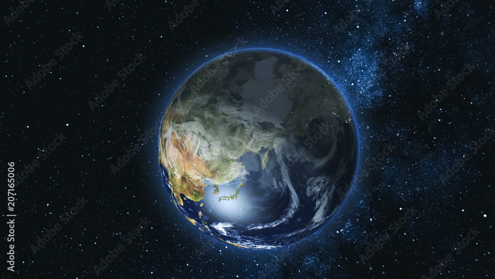 Realistic Earth Planet, rotating on its axis in space against the ...
