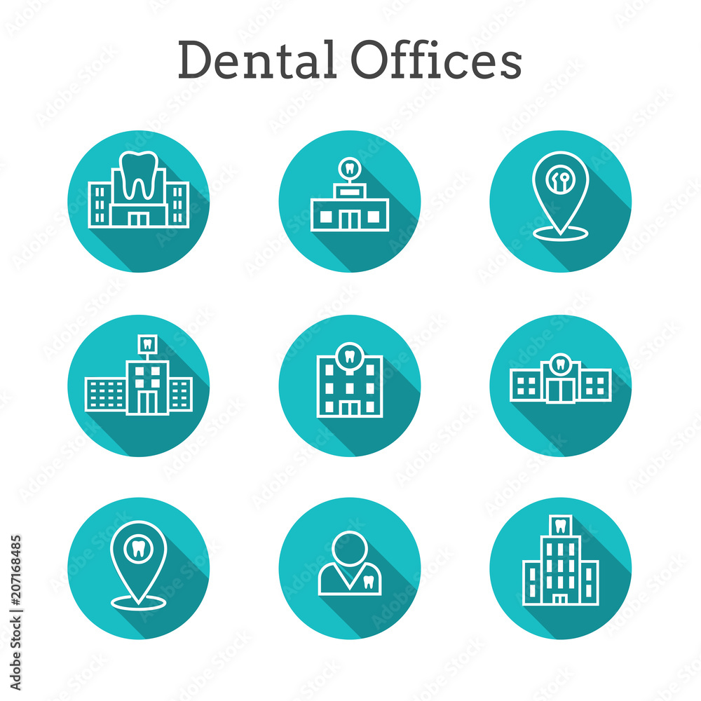 Dentist location icon set - dental images, dental building with windows ...