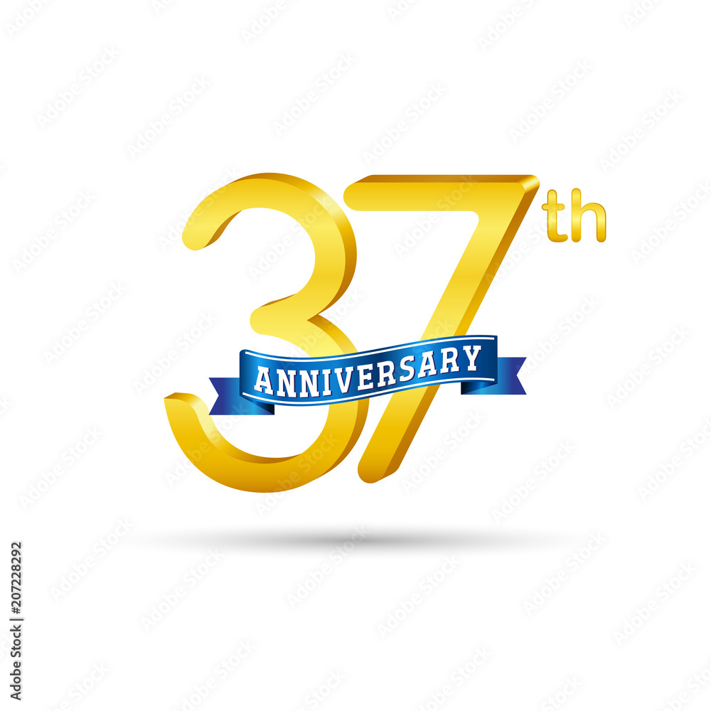 37th golden Anniversary logo with blue ribbon isolated on white ...