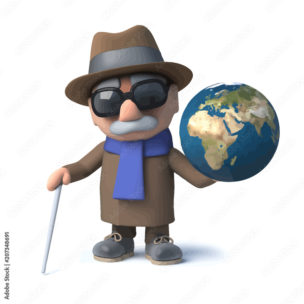 3d Funny cartoon old blind man character has a globe of the Earth Stock ...