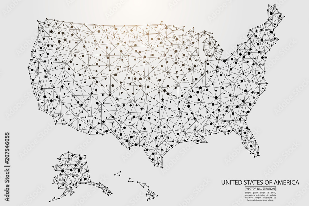 A map of United States of America consisting of 3D triangles, lines ...
