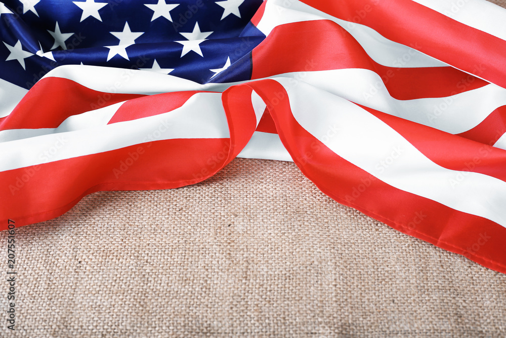 The straight smooth American flag is a top view. Starry striped symbol ...