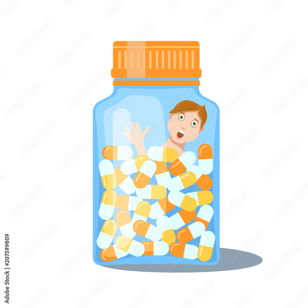 Glass bottle with drug tablets or pills and suffering trapped man ...