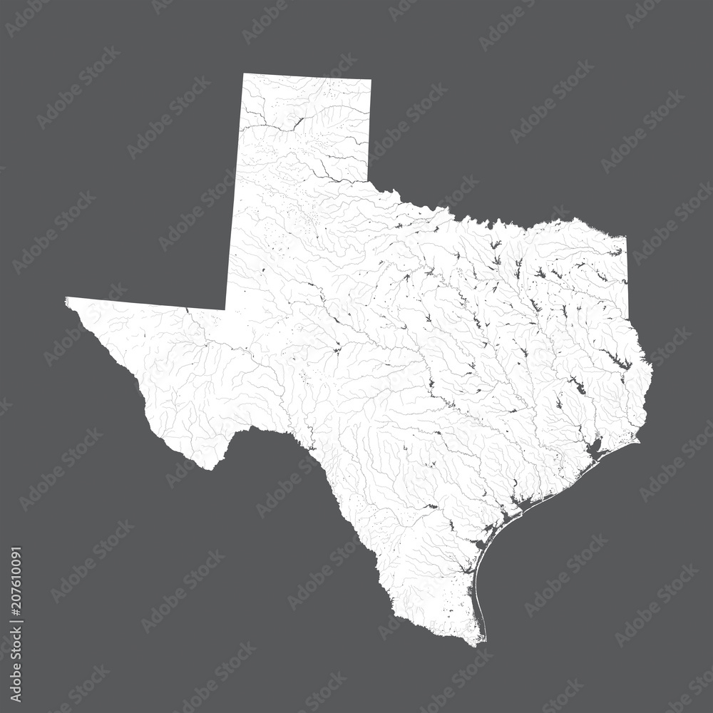 U.S. states - map of Texas. Rivers and lakes are shown. Please look at ...