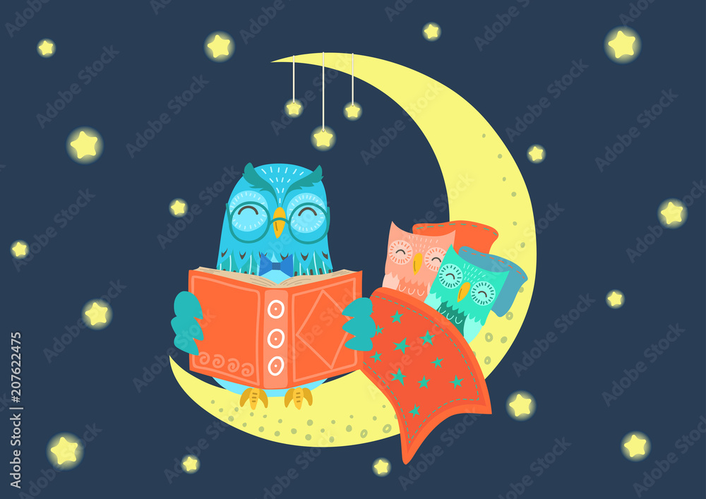 Sweet charming owl reading book to owlets at night on the moon under ...
