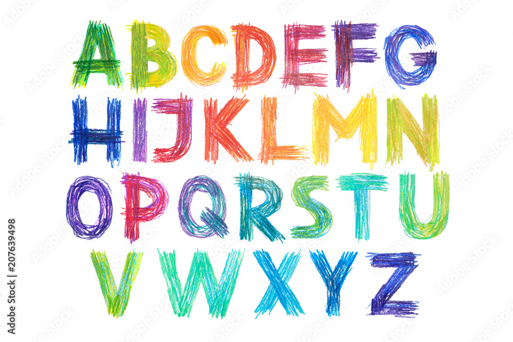 Colored pencils alphabet font type handwritten hand draw abc letters ...