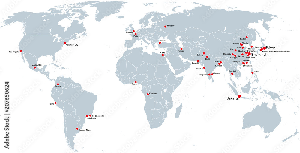 Megacities of the world, political map. Largest cities with more than ...
