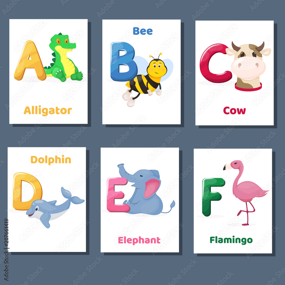 Alphabet printable flashcards vector collection with letter A B C D E F ...