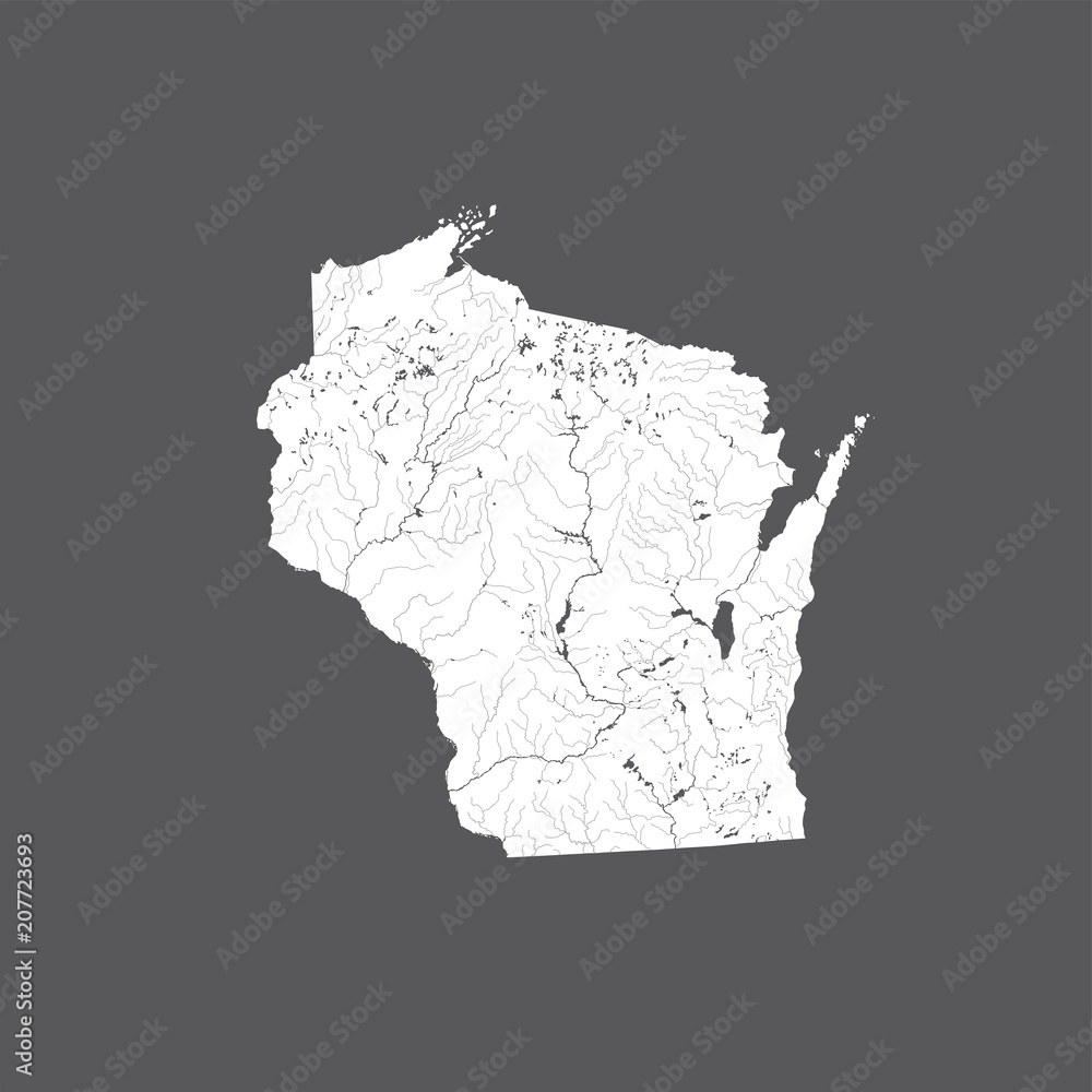 Vektor U.S. states - map of Wisconsin. Rivers and lakes are shown ...