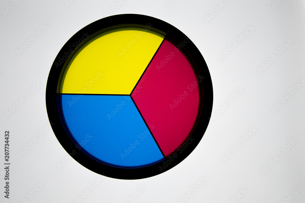 Disk with 3 primary colors, (yellow, blue and red) on a white ...