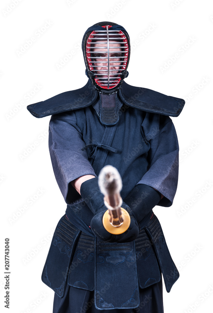 swordsman in attacking position and protective equipment 'bogu' and ...