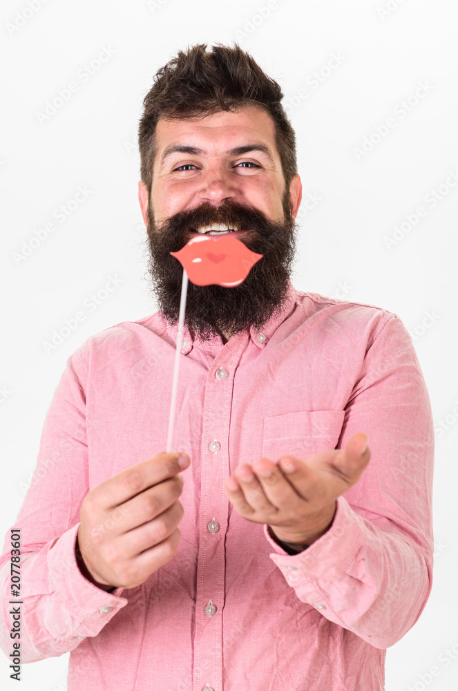 Foto de Stock Hipster with beard and mustache on cheerful face posing ...
