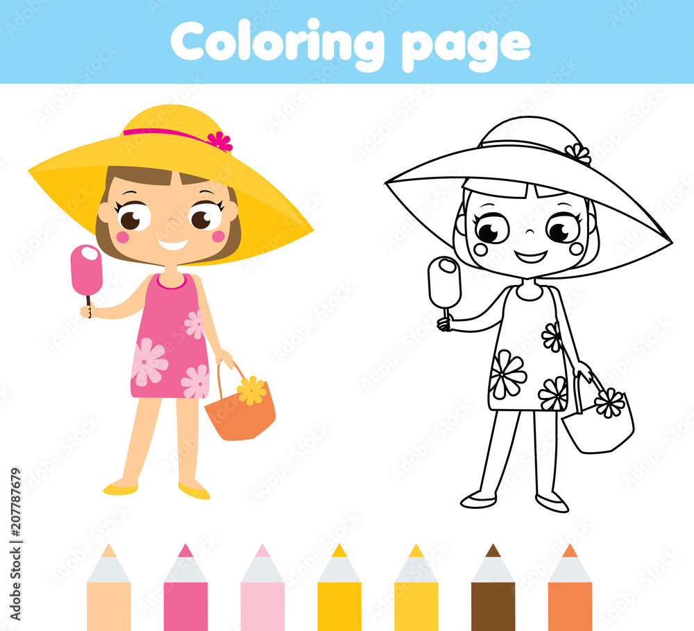 Summer holidays coloring page for kids. Cartoon girl in beach dress ...