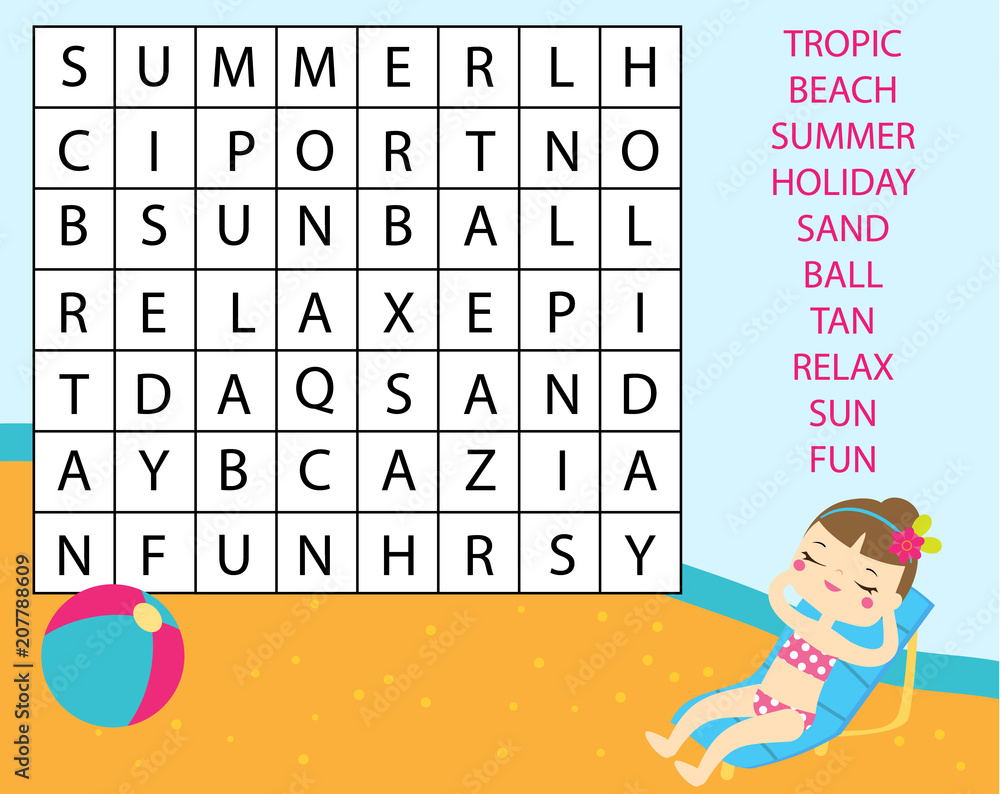 Educational game for children. Word search puzzle kids activity. Summer ...