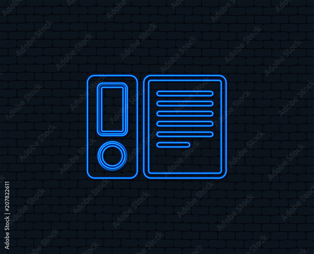 Neon light. Document folder sign. Accounting binder symbol. Bookkeeping ...