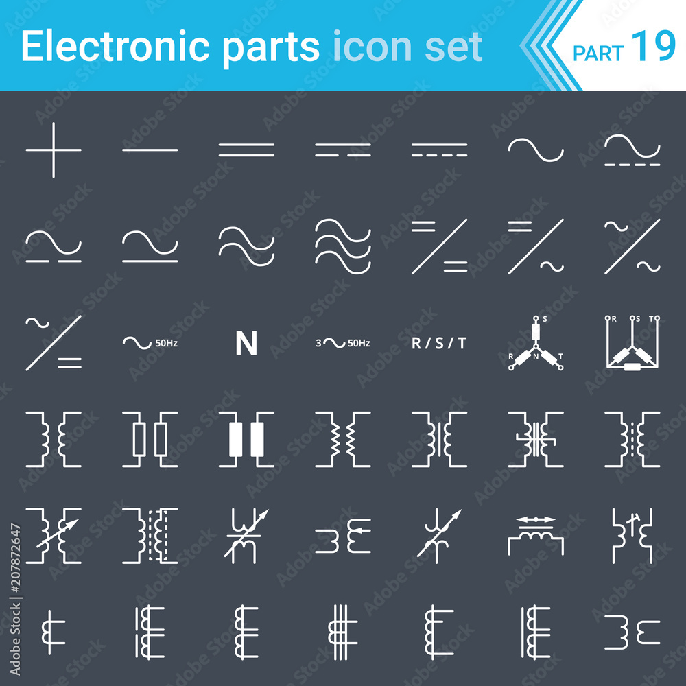 Electric and electronic icons, electric diagram symbols. Current, three ...