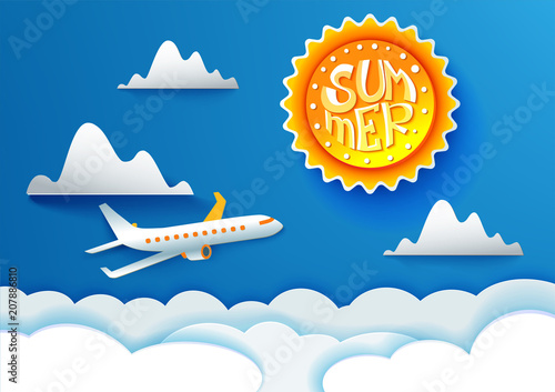 Airplane aerial view paper art cut out on blue sky background with sun ...